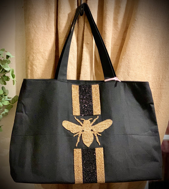 Black & Gold Stripe Beaded Bee Handbag | Horse Country Trading Company